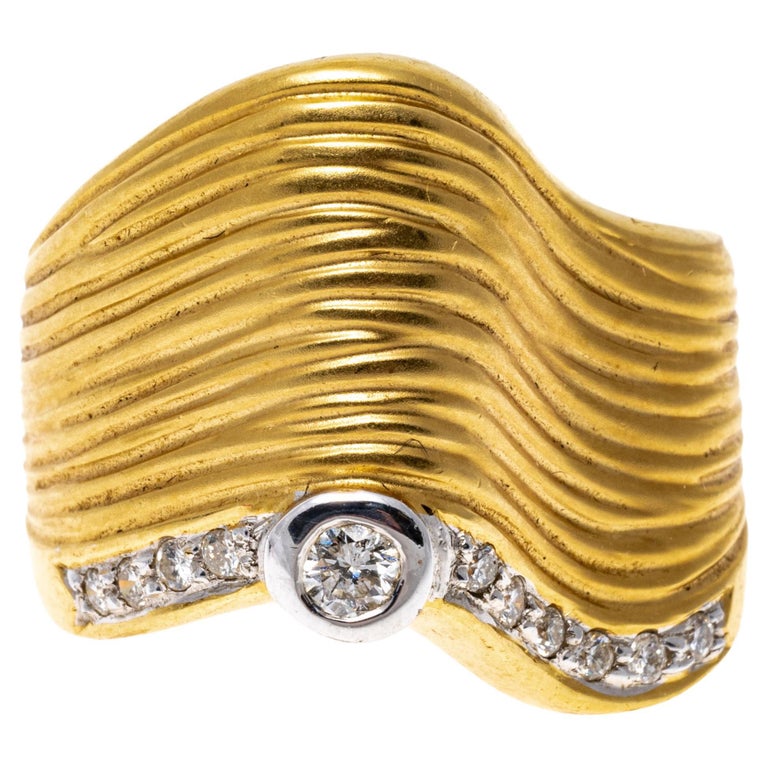 18k Yellow Gold Ultra Wide Free Form Diamond Set Wave Ring, App. 0.16 ...