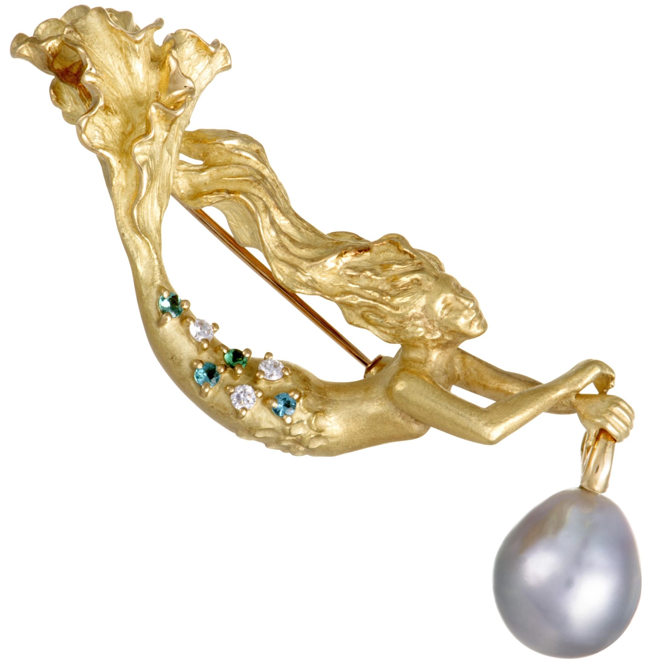 Yellow Gold White and Blue Diamonds and Grey Pearl Mermaid Pendant or ...