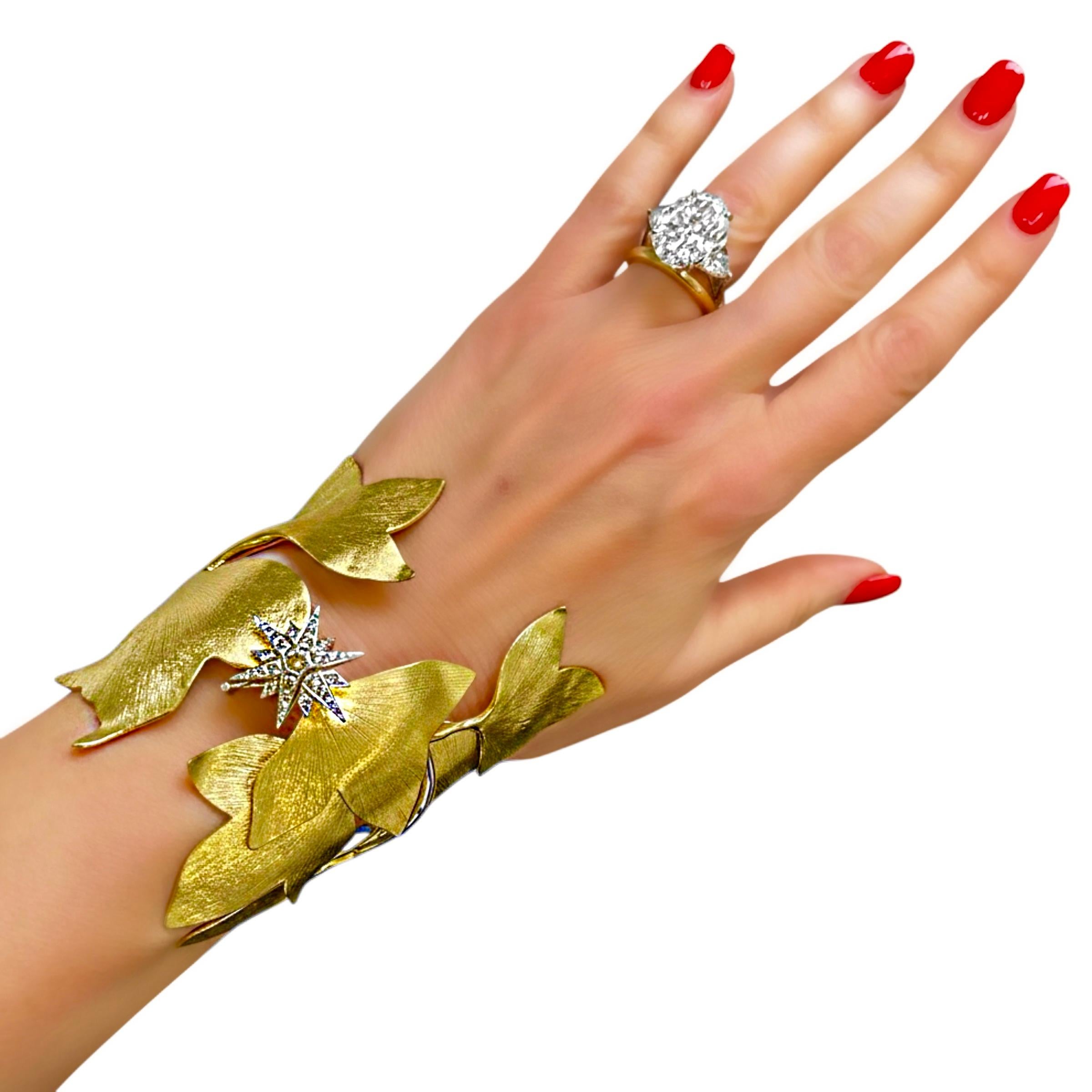 18K Yellow Gold Wide Foliate Cuff With Diamond Connecting Links by H ...