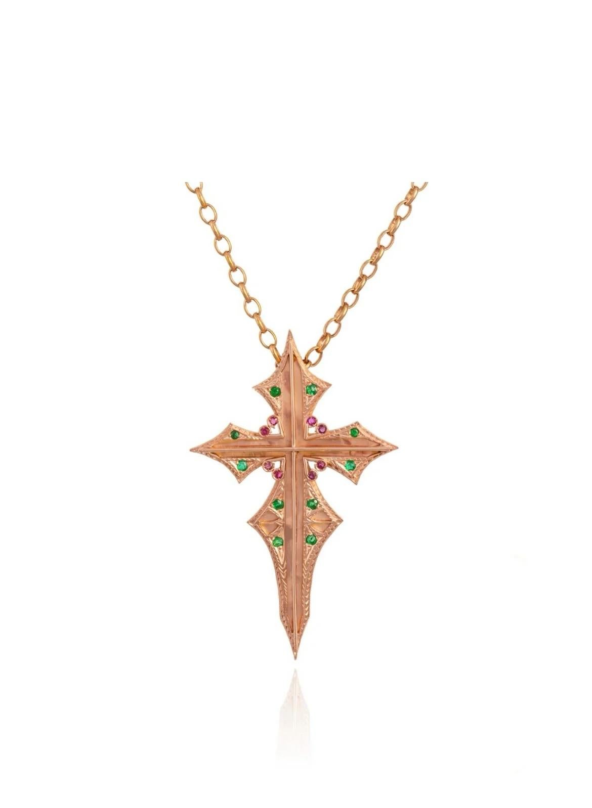Yellow Gold Ruby and Emerald Cross Pendant Necklace For Sale at 1stDibs