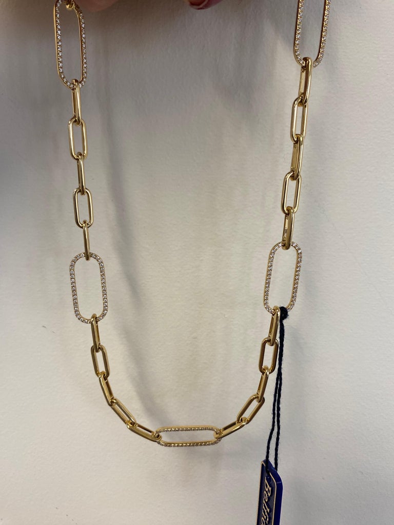 18k Yellow Paperclip Diamond Necklace For Sale at 1stDibs
