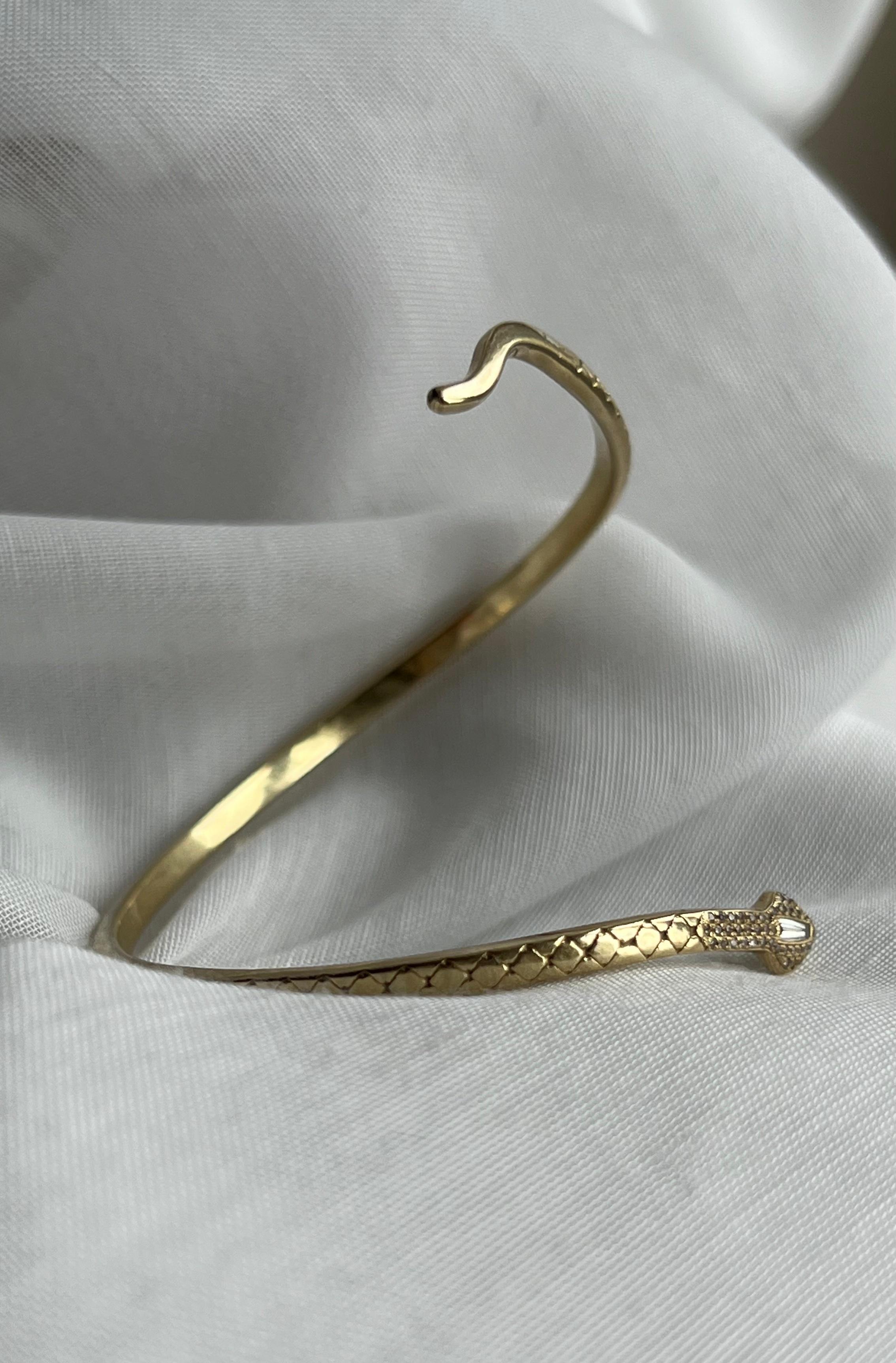 18k Yellow Snake Cuff with Hand Cut Tapered Baguette Head and Pave ...