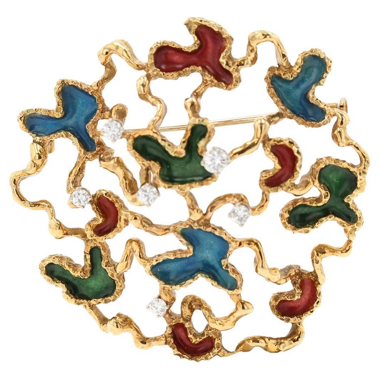 18kt 1950's Enamel Brooch w/ Diamonds For Sale at 1stDibs