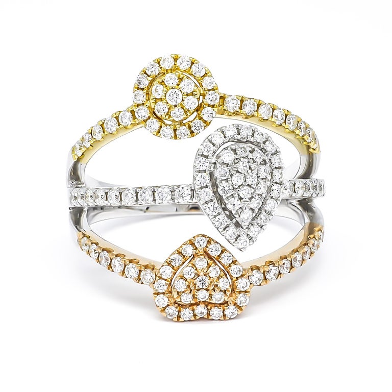 18KT 3 Tone White Gold Round Diamonds 3 Multi Cluster Halo Multi Row ...