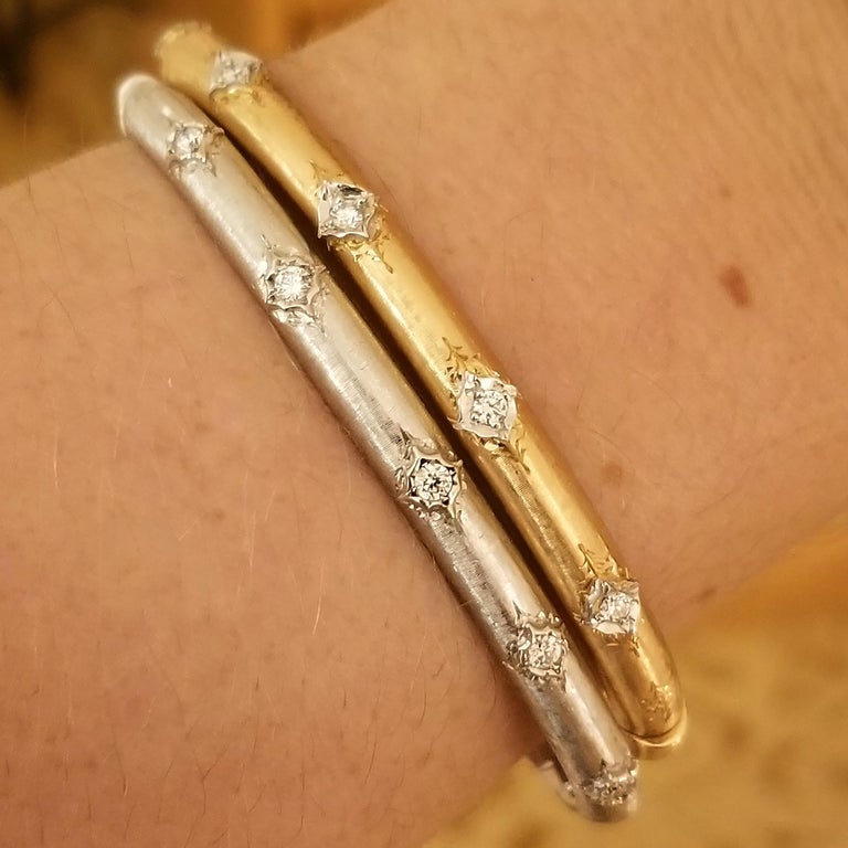 18kt and Diamond Andrea Bangle in White, Handmade and Engraved in ...