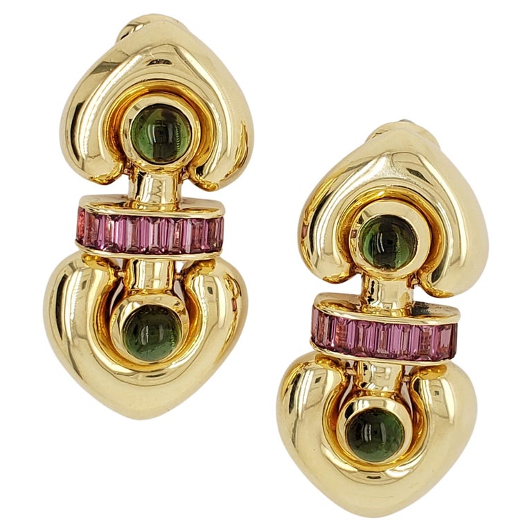 18kt Ear Clips w/ Pink and Green Tourmaline For Sale at 1stDibs