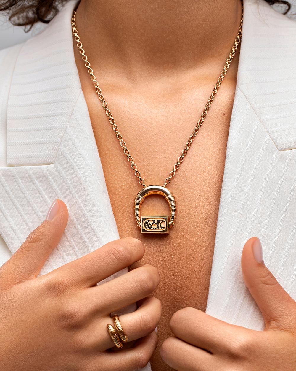 18kt Fairmined Ecological Yellow Gold Engraved Egyptian Odyssey Pendant Necklace For Sale at 1stDibs