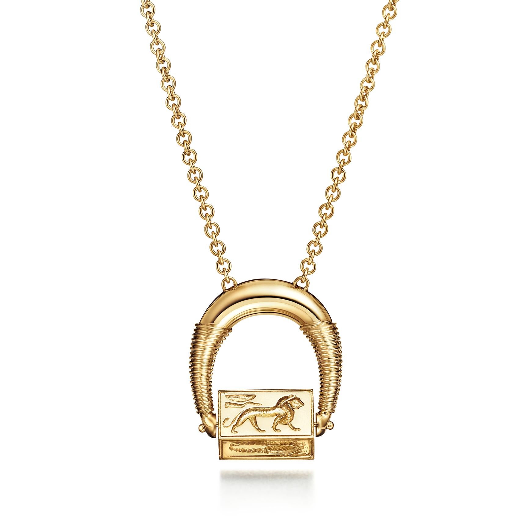 18kt Fairmined Ecological Yellow Gold Engraved Egyptian Odyssey Pendant Necklace For Sale at 1stDibs
