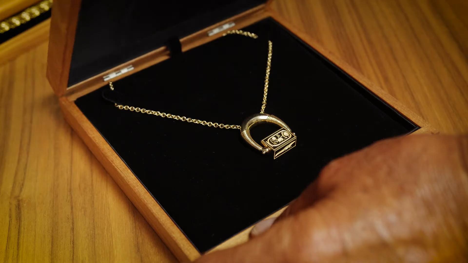 18kt Fairmined Ecological Yellow Gold Engraved Egyptian Odyssey Pendant Necklace For Sale at 1stDibs