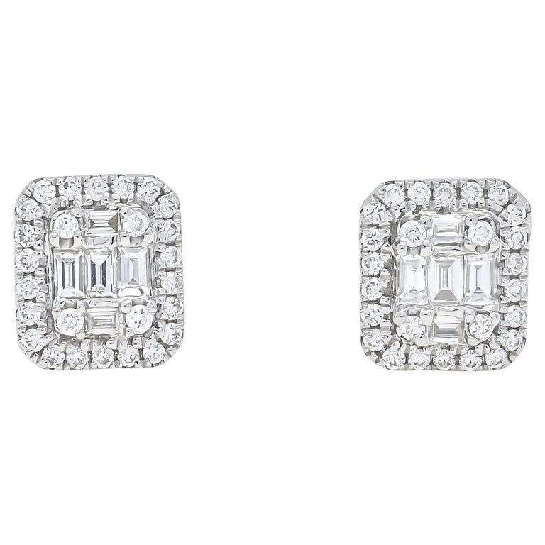 18KT Gold Baguette Diamonds Halo Cluster Emerald Illusion Stud Earrings E56027A For Sale at 1stDibs