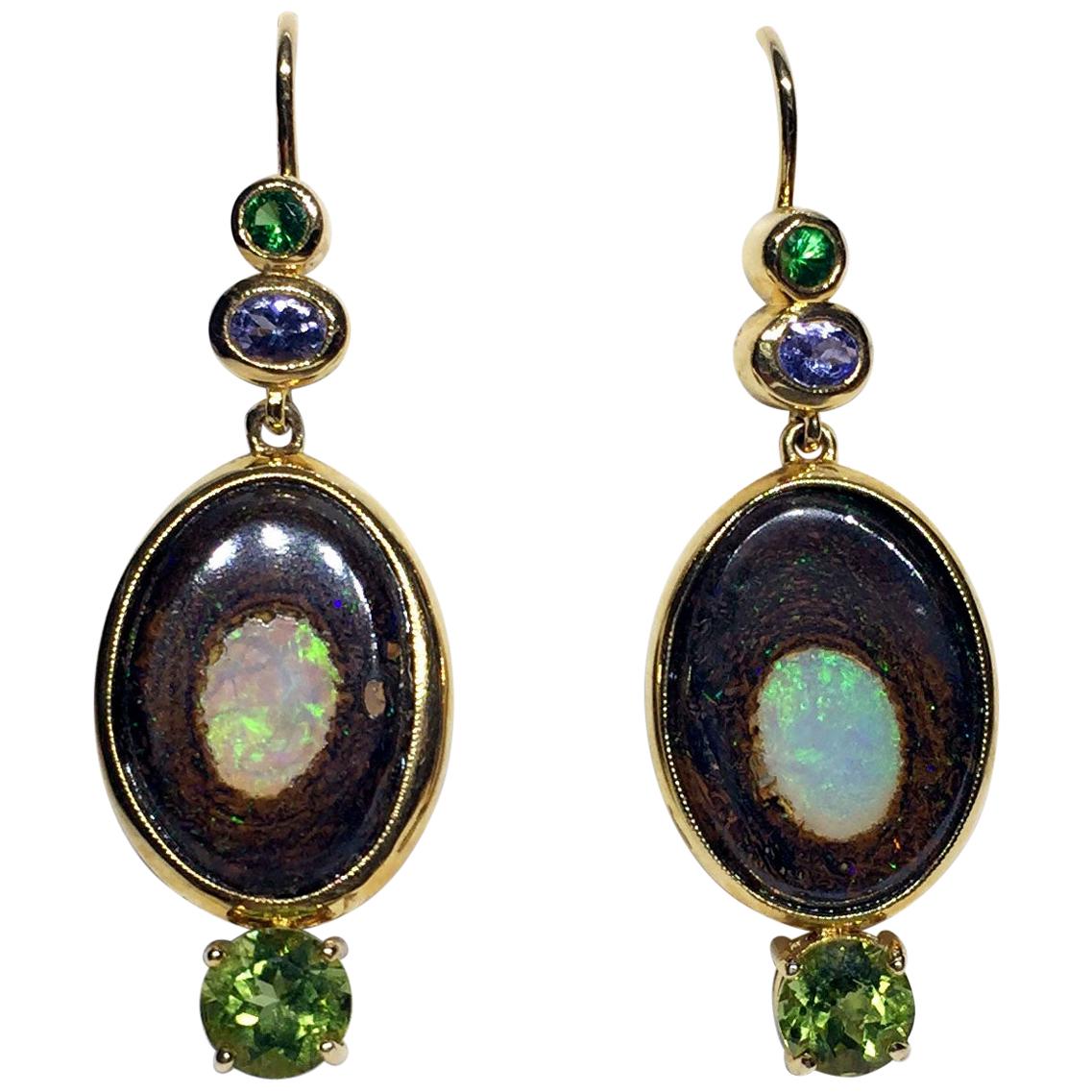 Modernist Clip Earrings 18Kt Gold with Opals and Tsavorite For Sale at 1stDibs