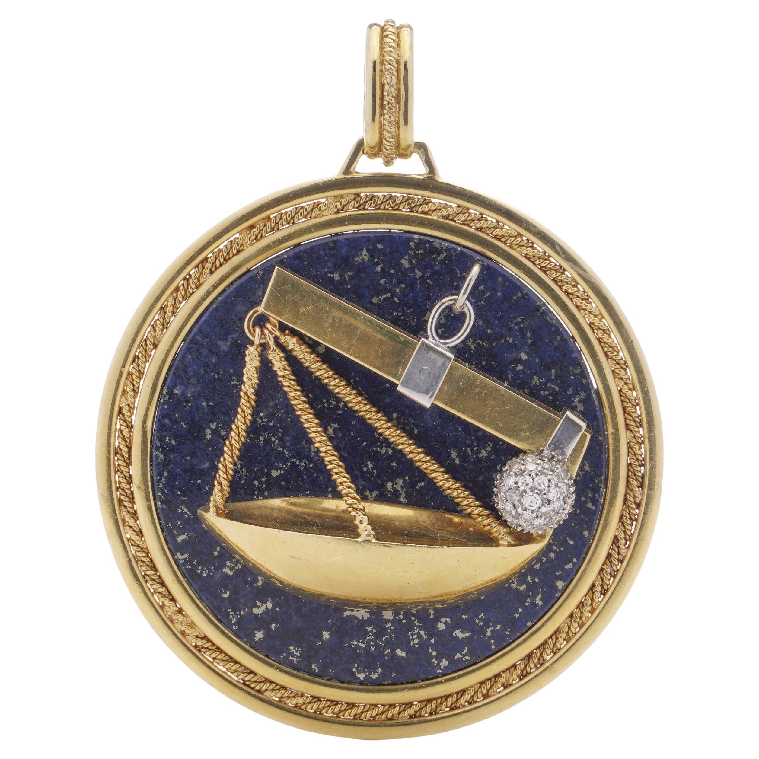 18 Karat Gold Heavy Libra Zodiac Sign Pendant with Lapis Lazuli and ...