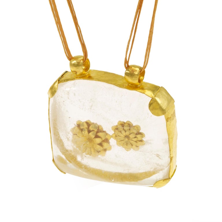 18kt Gold Large Amulet Necklace with two flowers, Crystal For Sale at ...