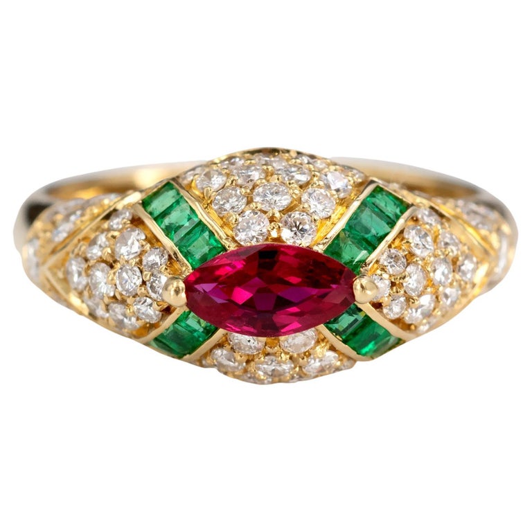 18Kt Gold Ruby Emerald Diamond Ring For Sale at 1stDibs