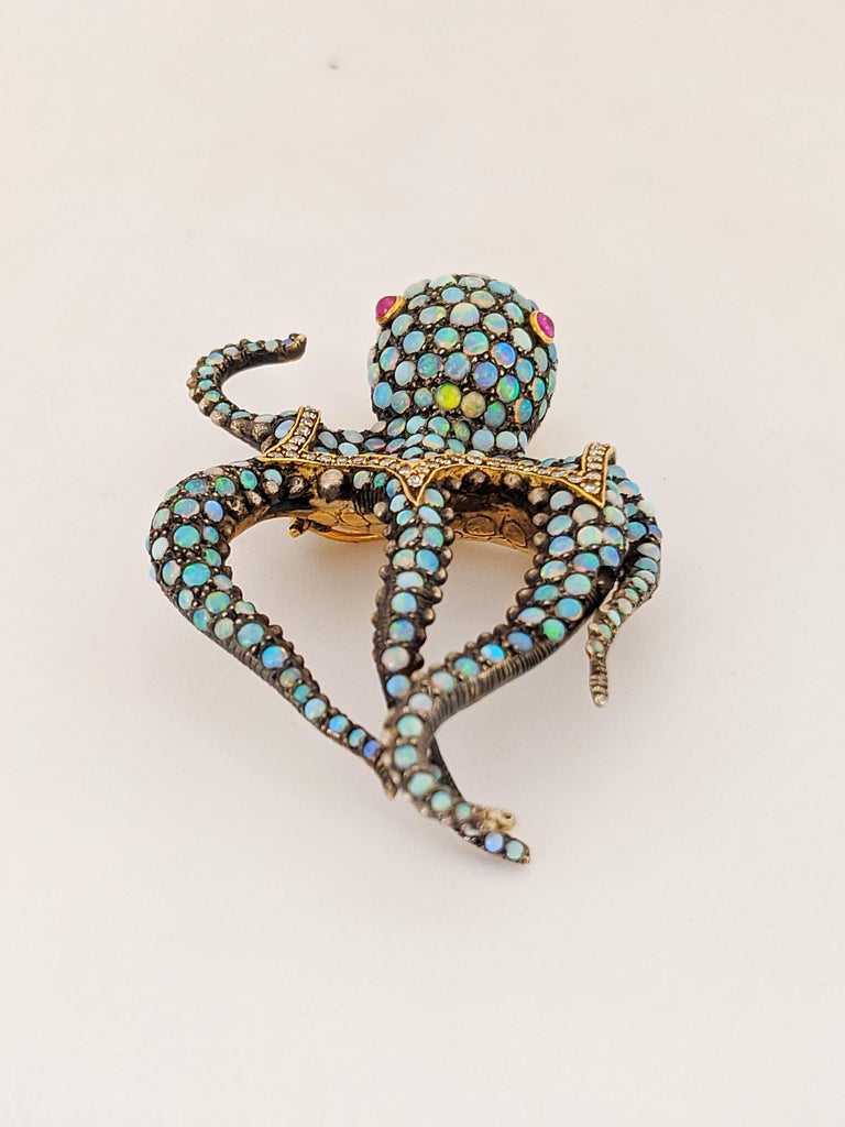 18KT Gold and Sterling Silver Octopus Brooch with 7.10Ct. Opals ...