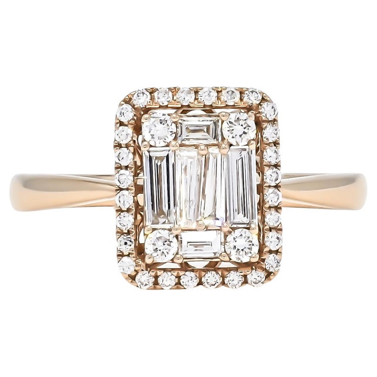 18KT Rose Gold Baguette Halo Cluster Natural Diamonds Engagement Ring ...