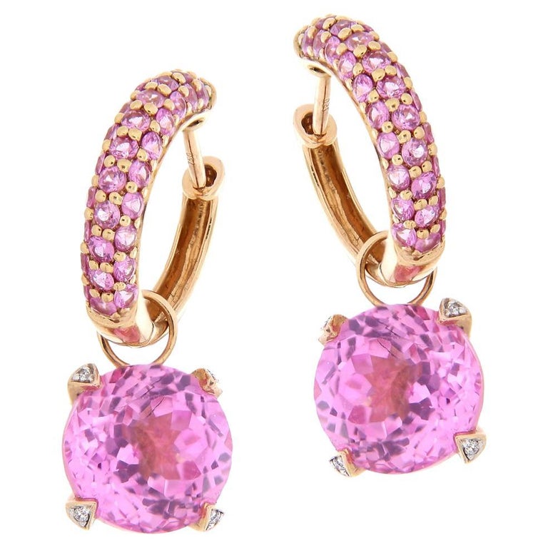 18Kt Rose Gold Drop Earrings Pink Sapphires 1.39 Carat, Pink Quartz and ...