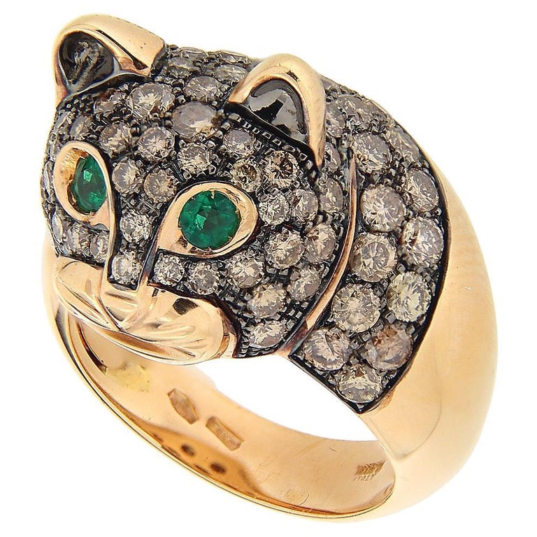18Kt Rose Gold "Little Cat" Ring Brown Diamonds and Emeralds For Sale ...