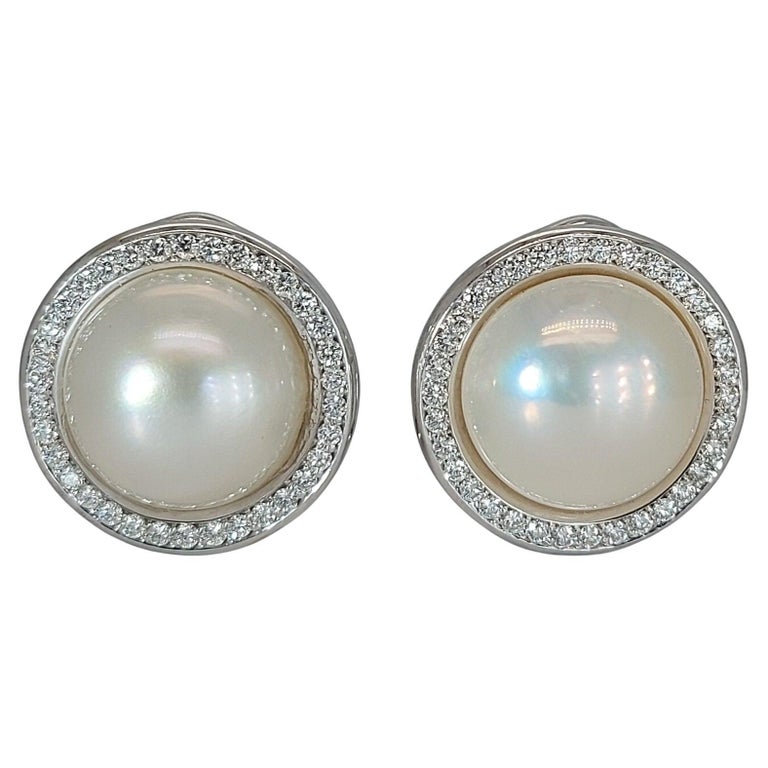 18kt Round Mabe Pearl Clip, on Earrings Surrounded with Diamonds For ...