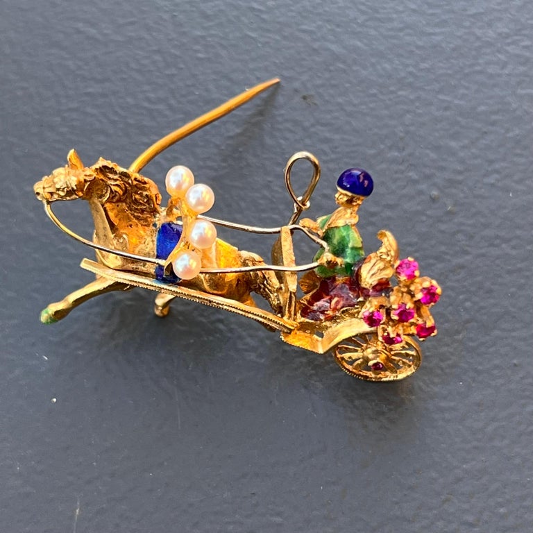 18kt Solid Gold Rubies Newlywed Couple Horse Carriage Brooch For Sale ...