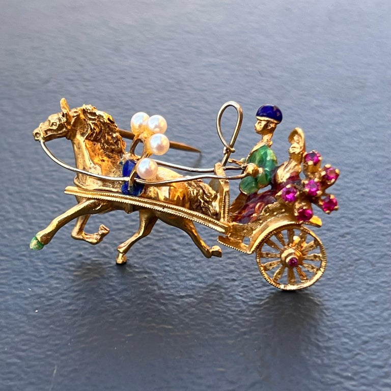 18kt Solid Gold Rubies Newlywed Couple Horse Carriage Brooch For Sale ...