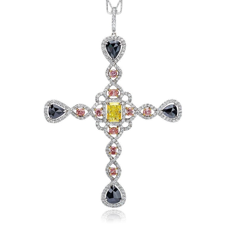 18KT WG Fancy Yellow, Pink and White Diamond Cross Pendant with Diamond ...