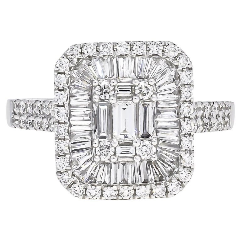 18KT White Gold Baguette Round Diamond Halo Cluster Star Burst ...