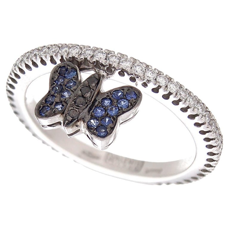 18Kt White Gold Batterfly Ring Blue Sapphires White and Black Diamonds ...