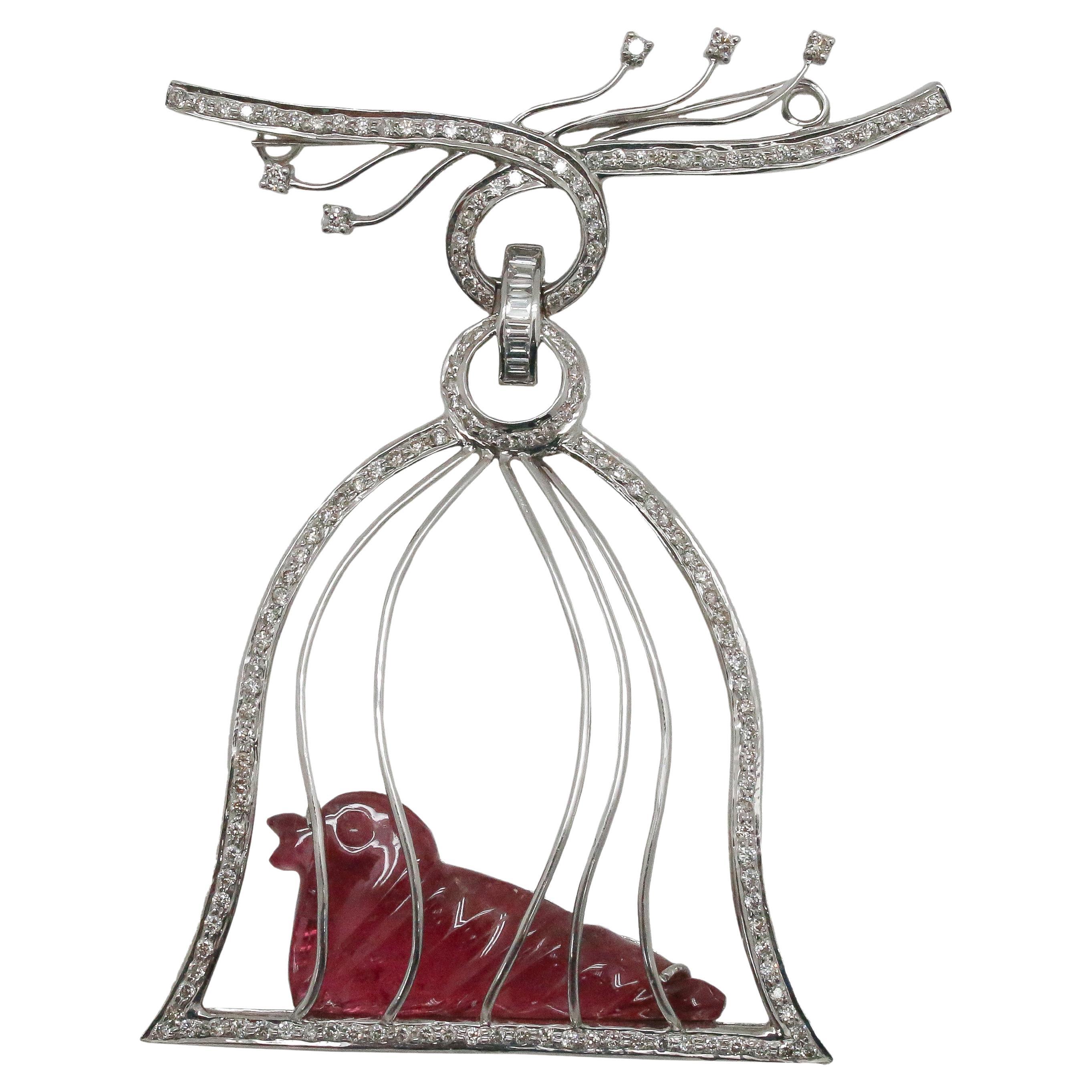 White Pink Diamond Two Birds Brooch For Sale at 1stDibs