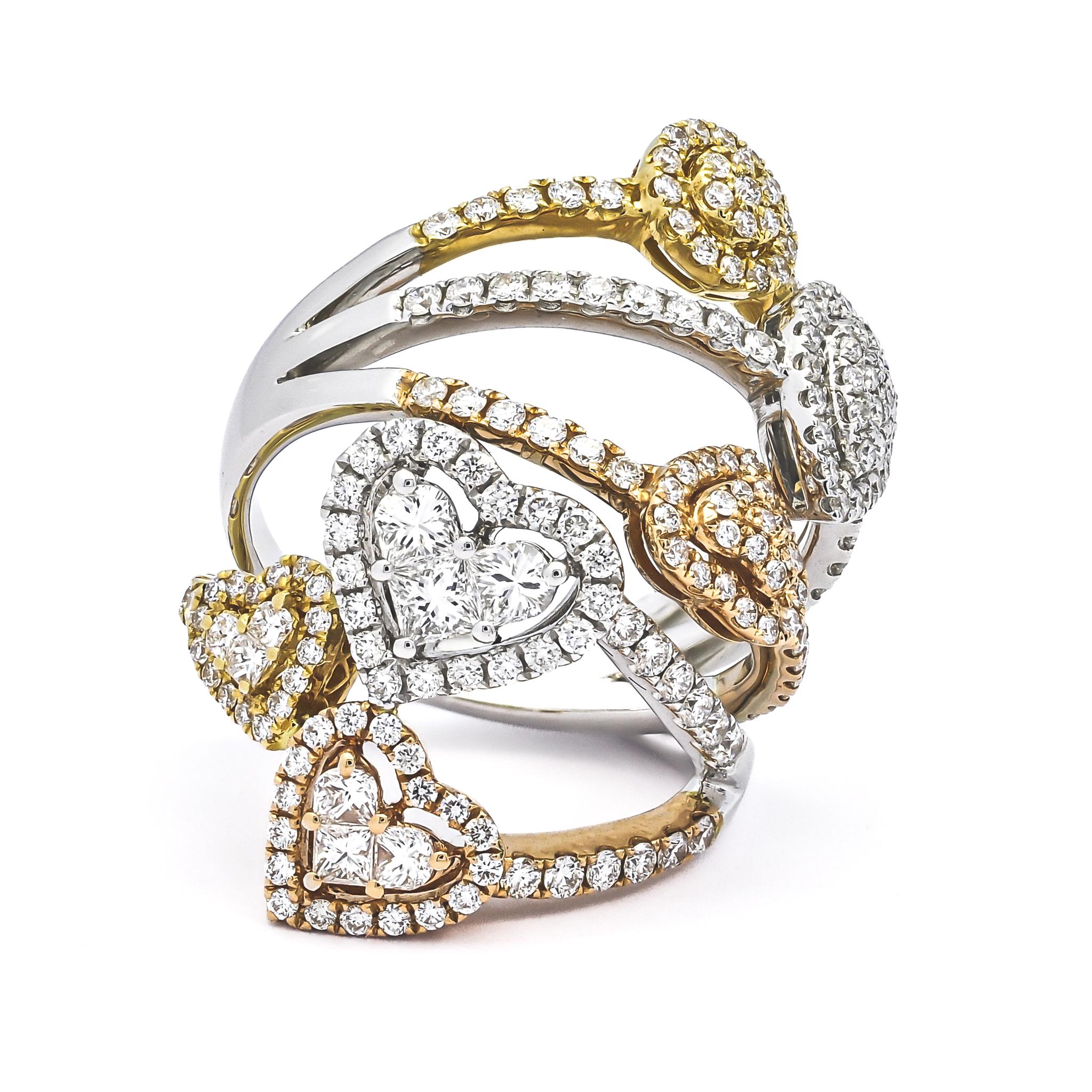 Customizable 18KT White Gold Diamonds 3 Heart Shape Cluster Statement ...