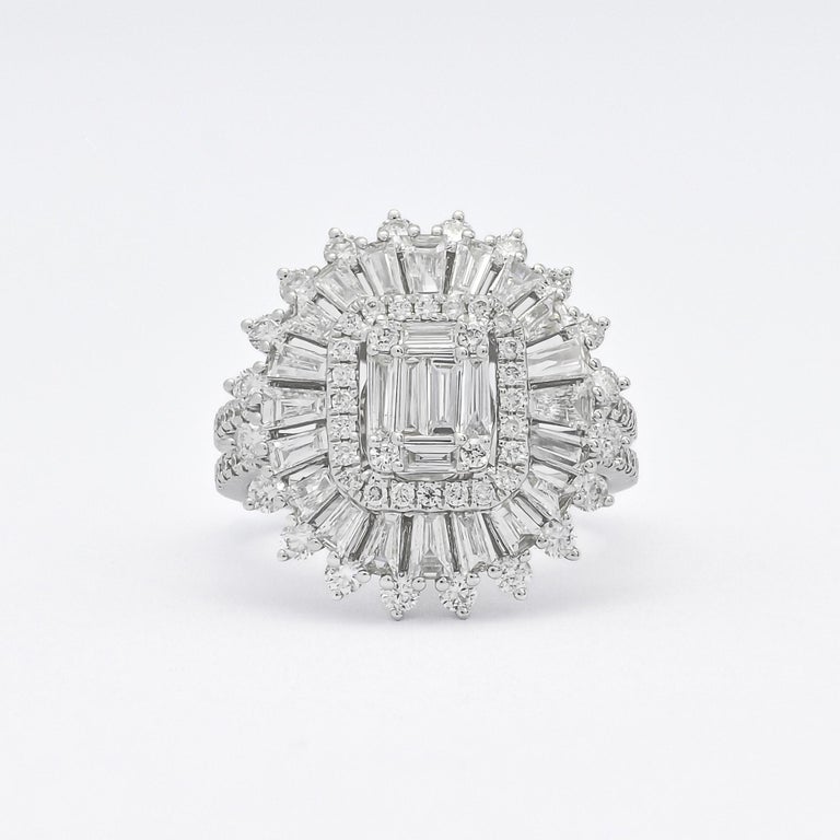 18KT White Gold Diamonds Cluster Baguette Star Burst Statement Ring For ...