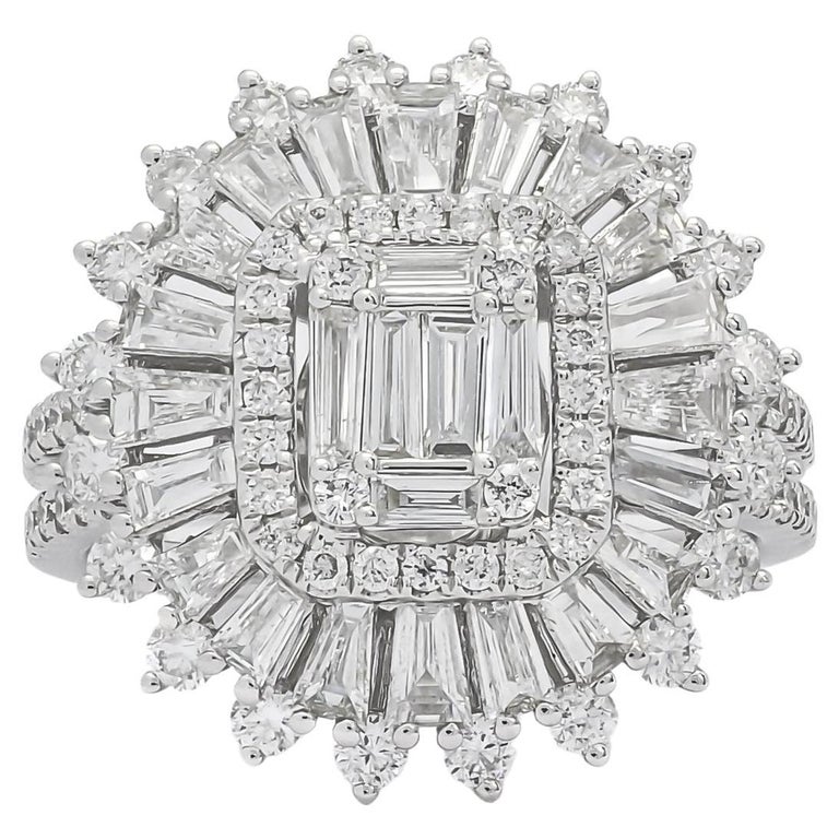 18KT White Gold Diamonds Cluster Baguette Star Burst Statement Ring For ...