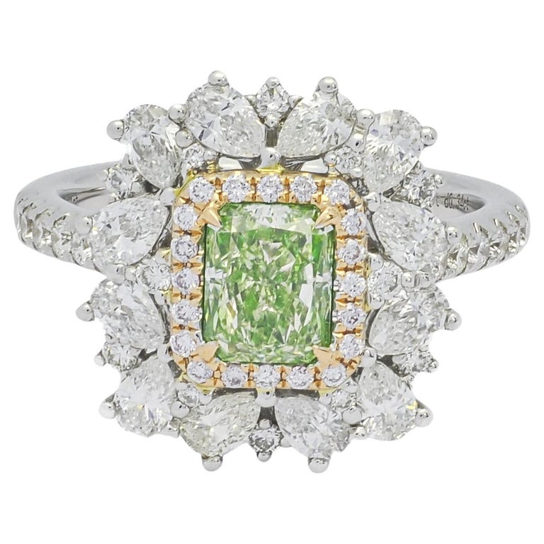 18KT White Gold Fancy Lime Green Emerald Shape Diamonds Halo Engagement ...