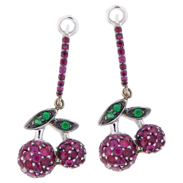 18 Karat White Gold "Little Cherry" Earrings Rubies and Tsavorite For ...