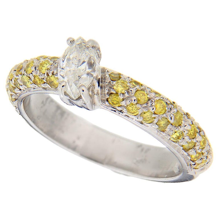 18Kt White Gold Navette Shape Diamond and Yellow Sapphires Pavé For ...