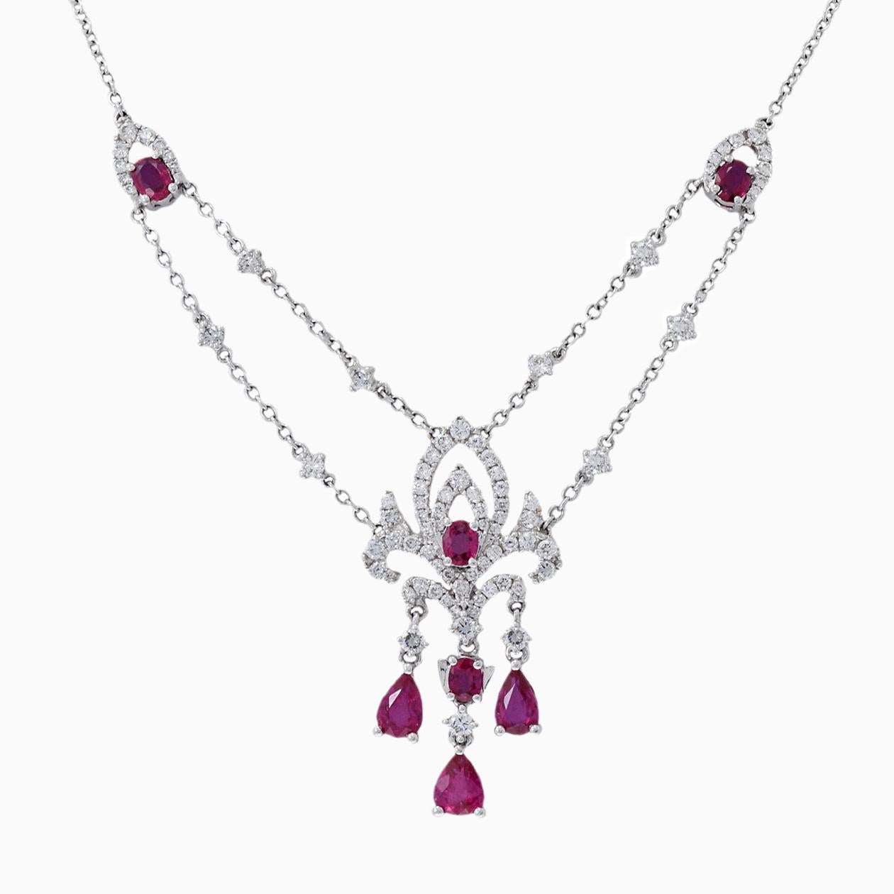 18KT White Gold Ruby And Diamond Drop Necklace For Sale at 1stDibs