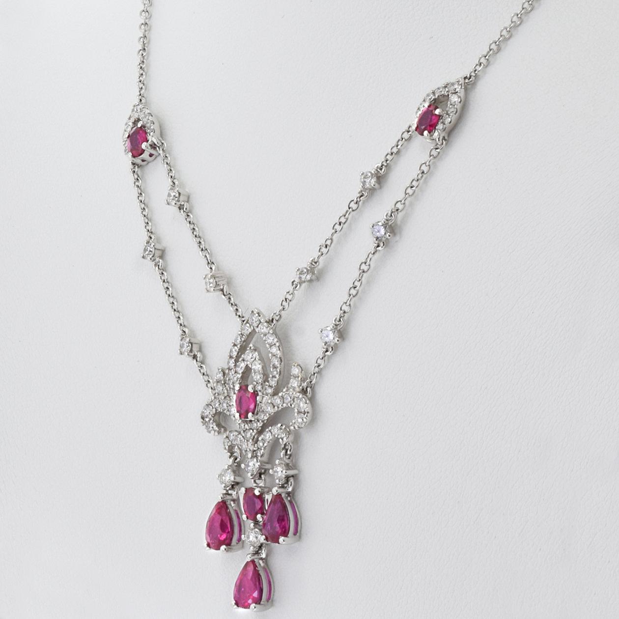 18KT White Gold Ruby And Diamond Drop Necklace For Sale at 1stDibs