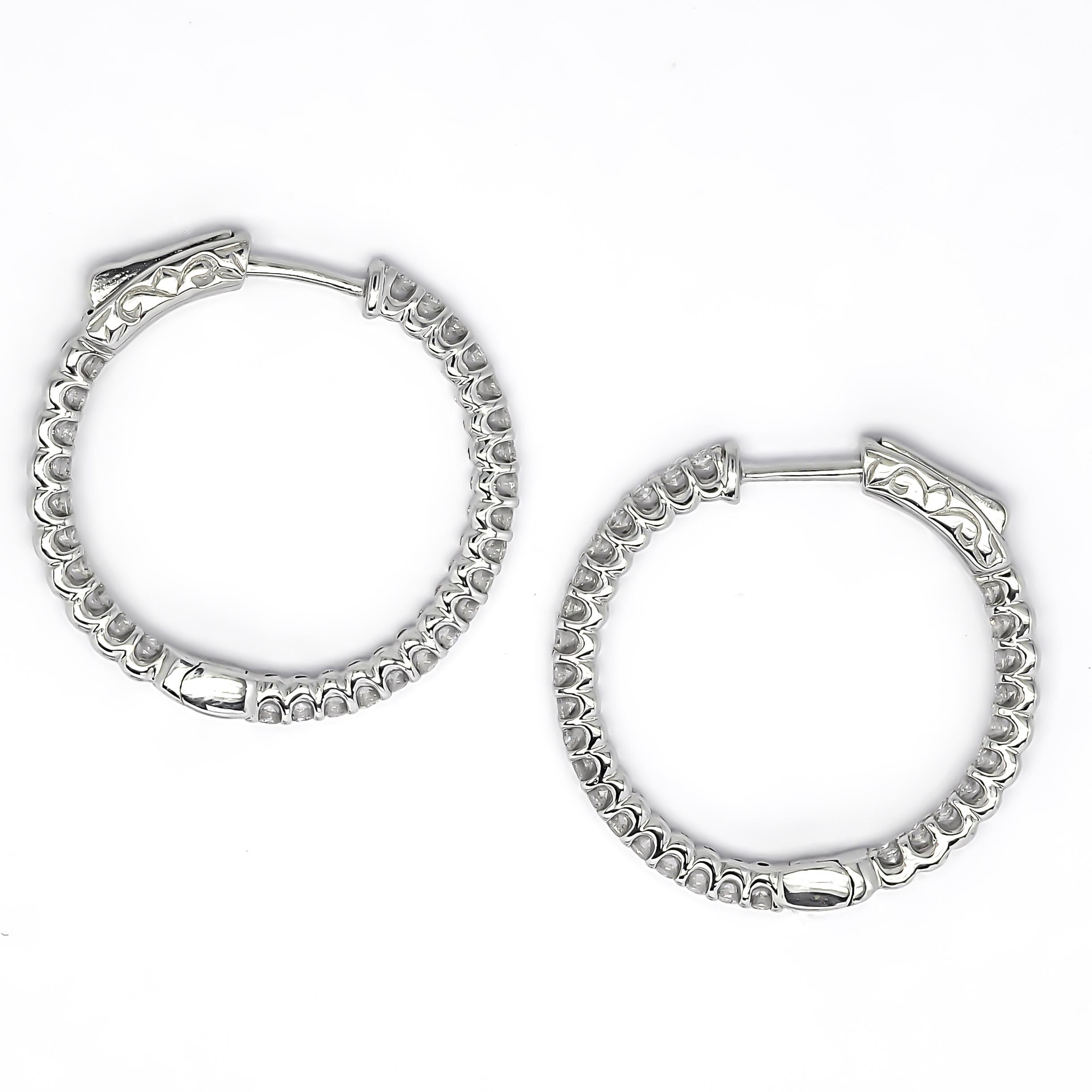 18kt White Gold Single Row Diamond In And Out Hoop Huggies Earring For