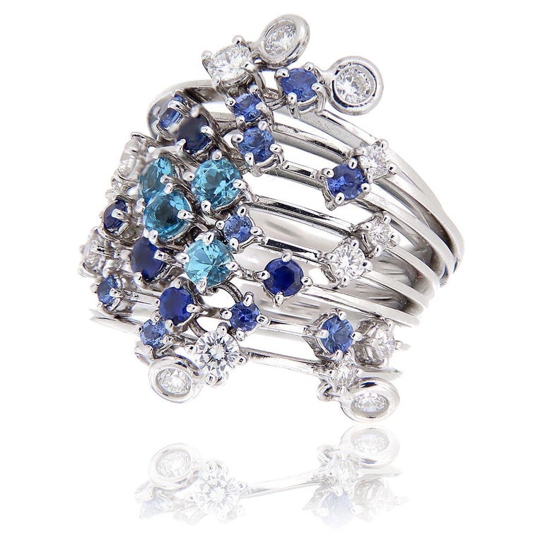 18Kt White Gold "Wave" Bands Ring, Sapphires, Diamonds and Topazes For ...