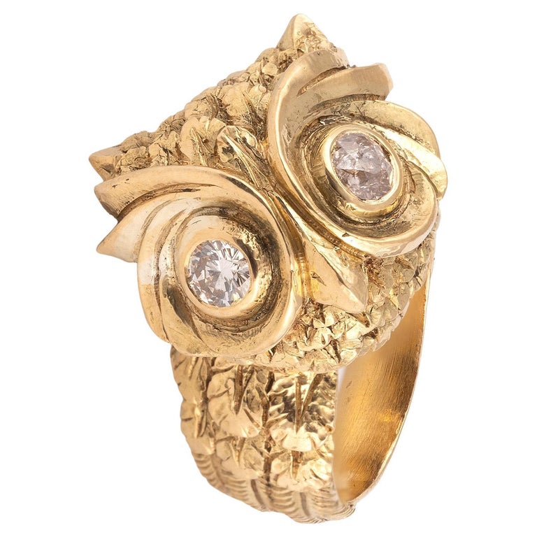 18kt Yellow Gold and Diamond Owl Ring at 1stDibs
