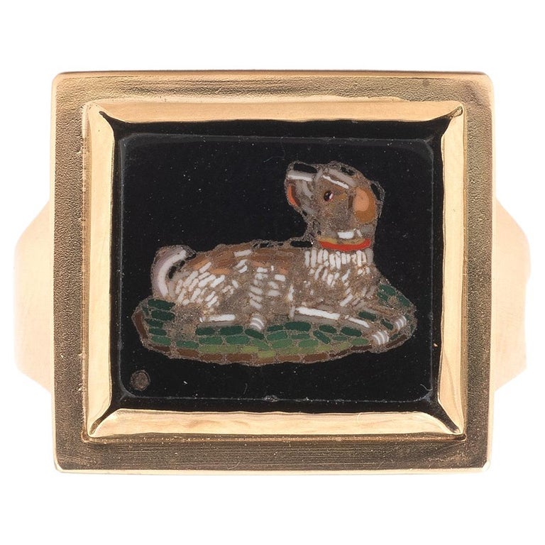 18kt Yellow Gold and Micromosaic Dog Ring For Sale at 1stDibs