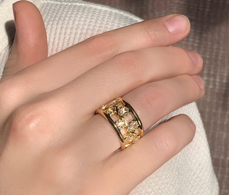 18kt Yellow Gold Cigar Band Ring with White Hexagonal Fine Rose Cut ...