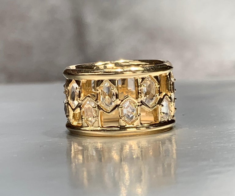 18kt Yellow Gold Cigar Band Ring with White Hexagonal Fine Rose Cut ...