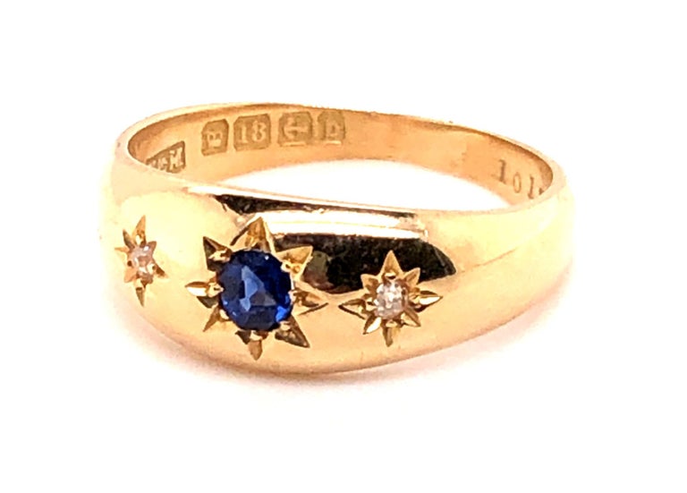 18 Karat Yellow Gold Diamond and Sapphire Star Bezel Gypsy Set Ring at ...