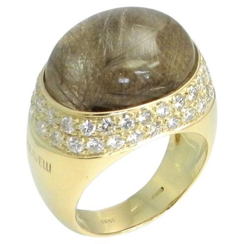 18Kt Yellow Gold Garavelli Ring with White Diamonds and Rutilated ...