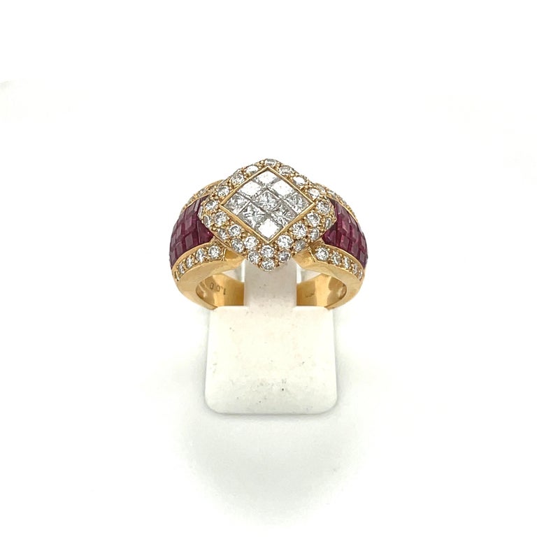 18 Karat Yellow Gold Invisibly Set Diamond 2.00 Carat and Ruby 4.19 ...