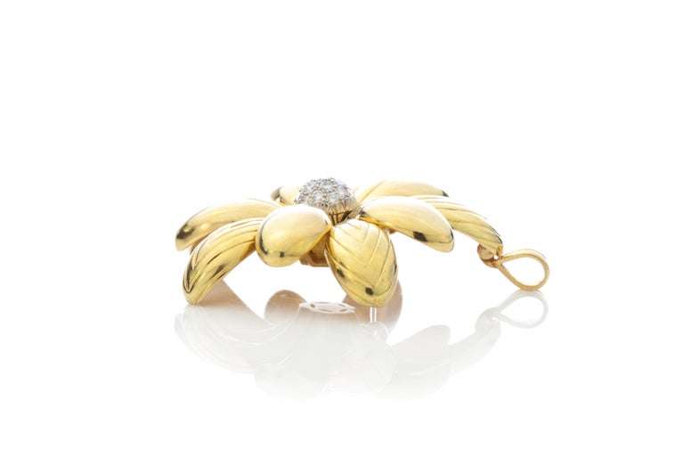 18 Karat Yellow Gold Ladies Flower Brooch and Pendant with Diamonds For ...