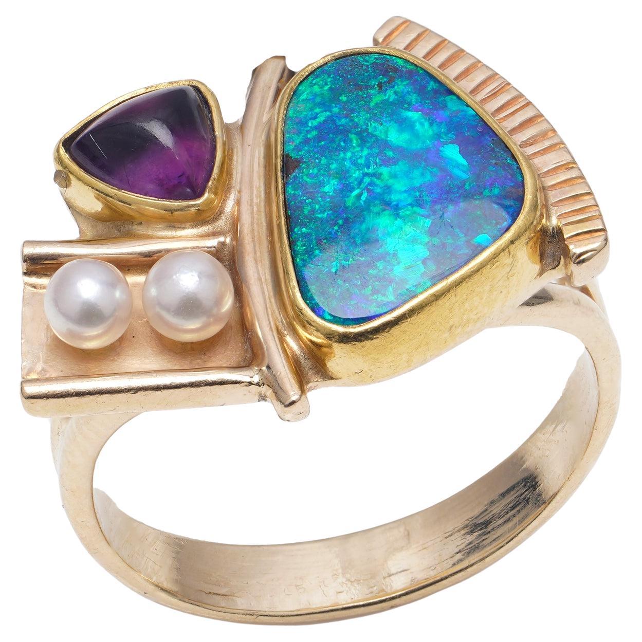 Ladies Gold Ring with Big Opal and Blue Sapphires For Sale at 1stDibs ...
