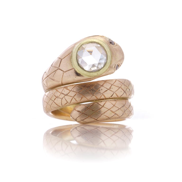 18 Karat Yellow Gold Men's Snake Ring with 1.90 Carat Rose-Cut Diamond ...