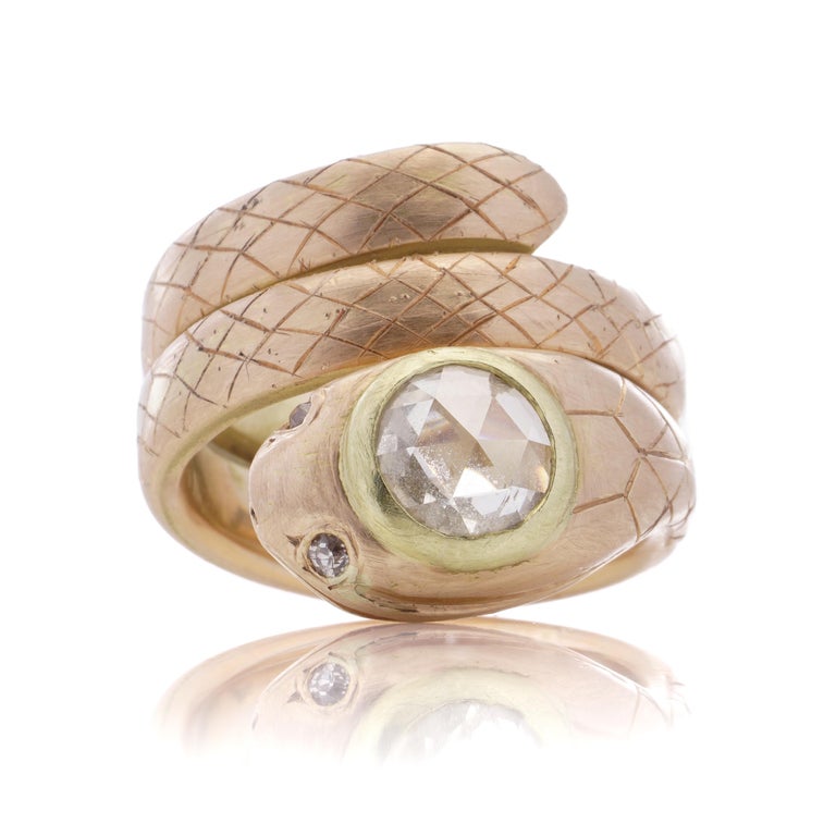 18 Karat Yellow Gold Men's Snake Ring with 1.90 Carat Rose-Cut Diamond ...